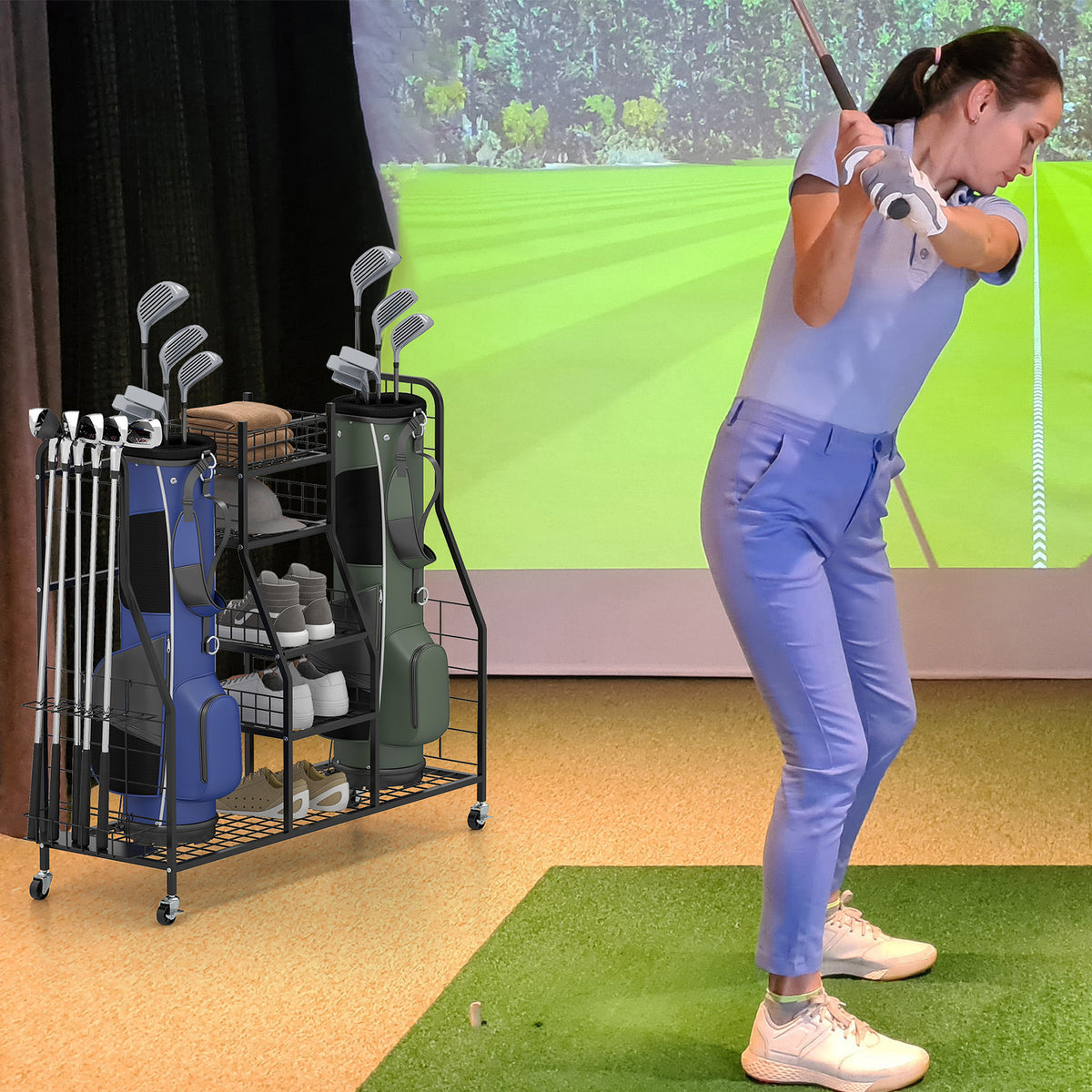 NNECW Heavy Duty Metal Double Golf Bag Storage Rack with Shelves & Loc ...