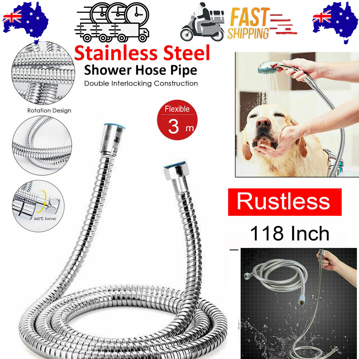 NNEDSZ 3m Shower Head Hose Stainless Steel Bathroom Flexible Tube Repl ...