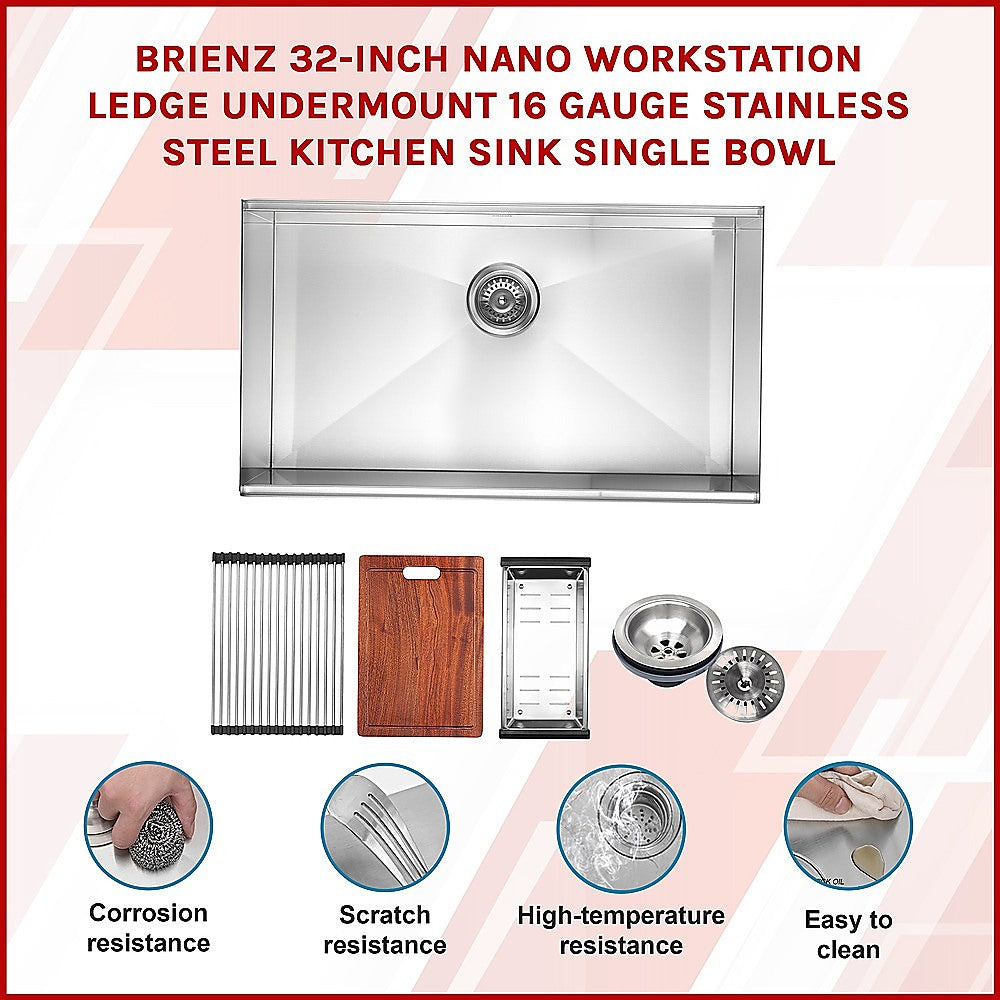 NNEDSZ BRIENZ 32-inch Nano Workstation Ledge Undermount 16 Gauge Stain ...