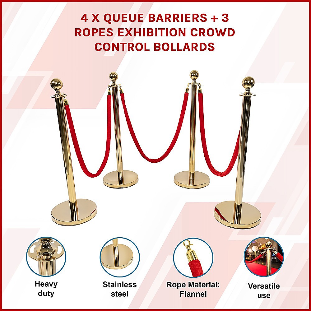 NNEDSZ 4 x Queue Barriers + 3 Ropes Exhibition Crowd Control Bollards ...
