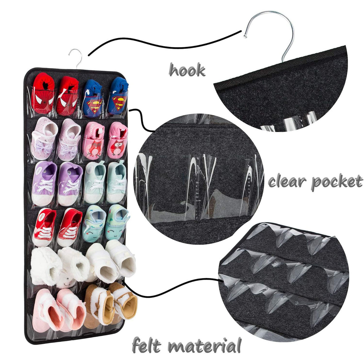 NNEDSZ Dark Grey Hanging Felt Shoe Organizer with 24 Clear Pockets - A ...