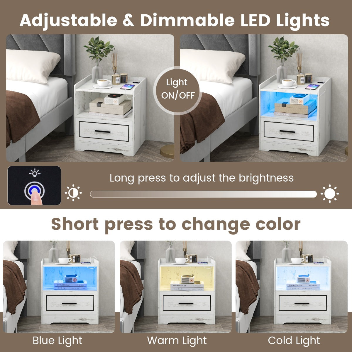NNECW LED Smart Bedside Table with USB Port Adjustable Light Colors an ...