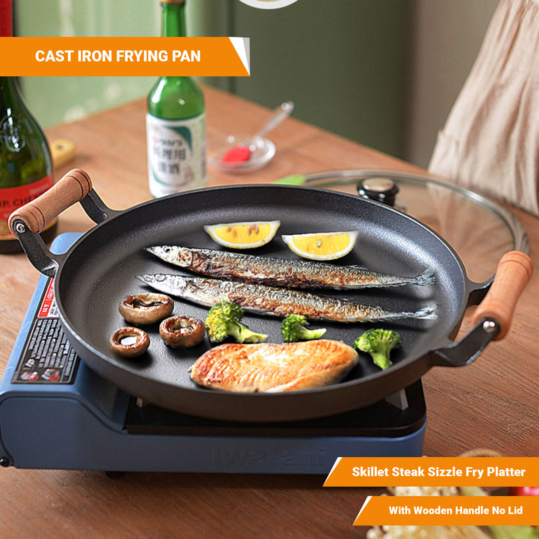 NNEAGS 35cm Cast Iron Frying Pan Skillet Steak Sizzle Fry Platter With ...