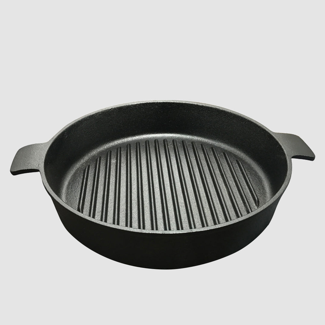 NNEAGS 2X 25cm Round Ribbed Cast Iron Frying Pan Skillet Steak Sizzle ...