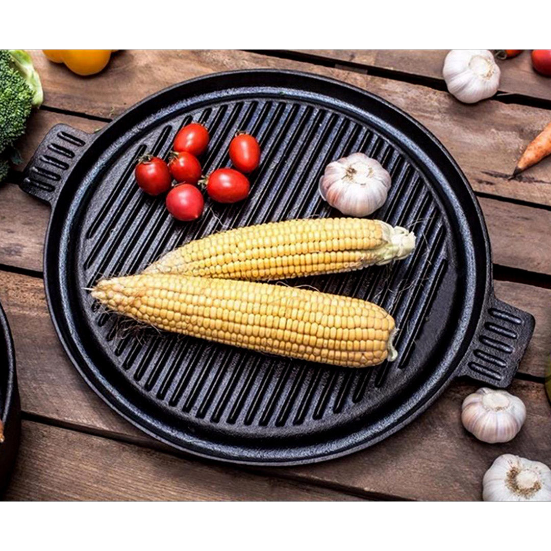 NNEAGS 43cm Round Ribbed Cast Iron Frying Pan Skillet Steak Sizzle Pla ...