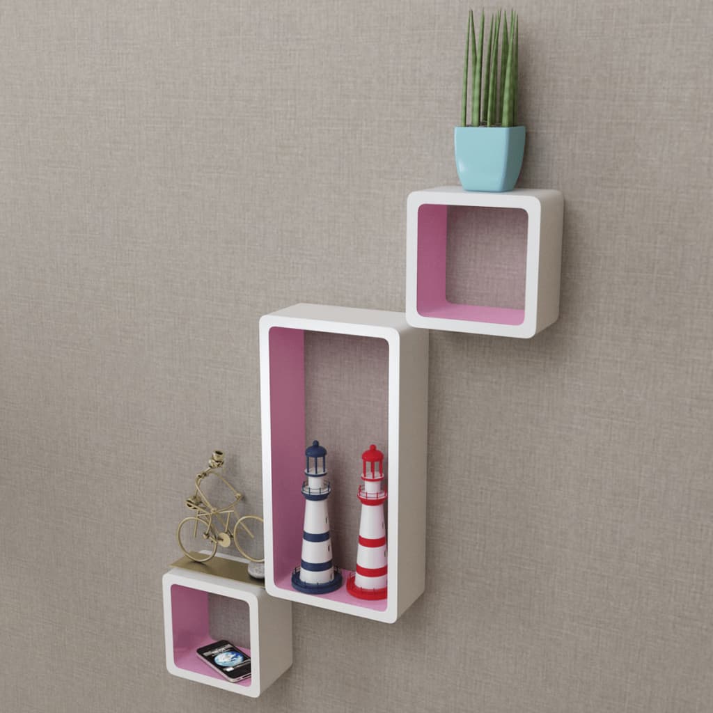 NNEVL 3 White-pink MDF Floating Wall Display Shelf Cubes Book/DVD Stor ...