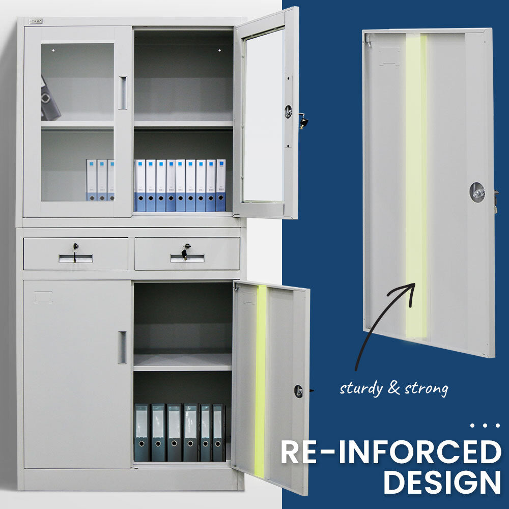 NNEMB 4-Door Lockable Steel Stationary Storage Cabinet-Display Windows ...