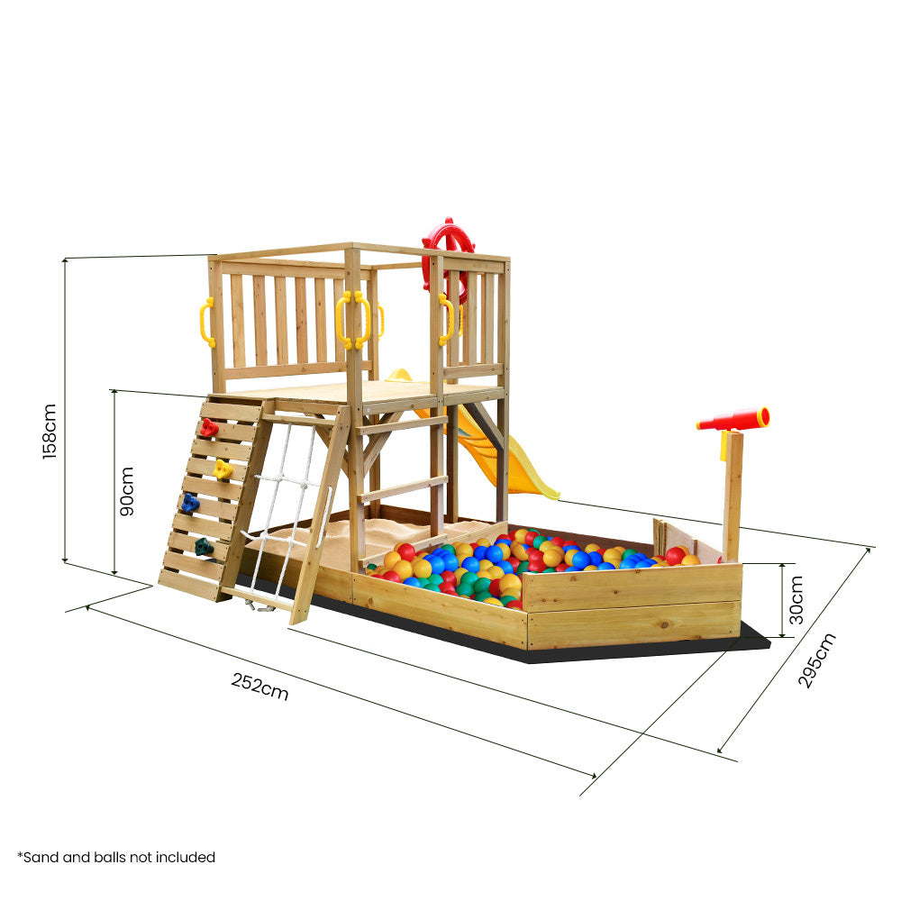NNEMB Boat-Shaped Wooden Sand Pit Tower with Slide and Climbing Wall ...