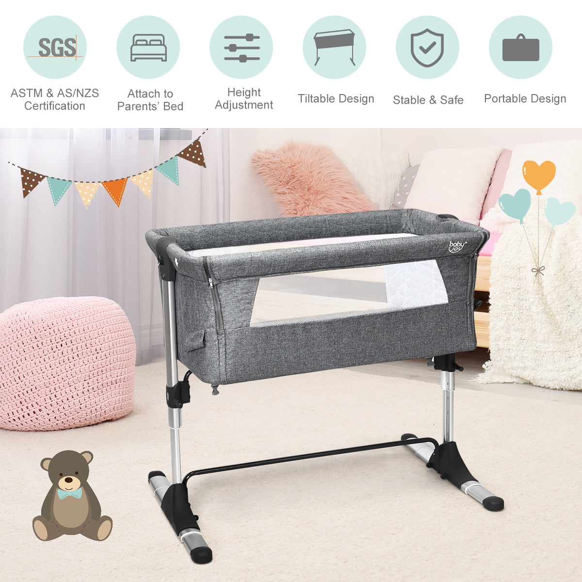 NNECW Adjustable Height Baby Bassinet Cot with Mattress & Carry Bag ...