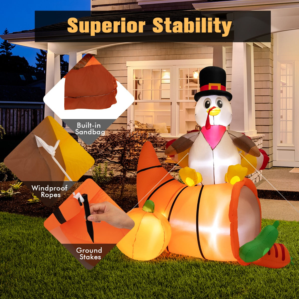 NNECW 180 CM Thanksgiving Inflatable Turkey on Cornucopia for Family ...