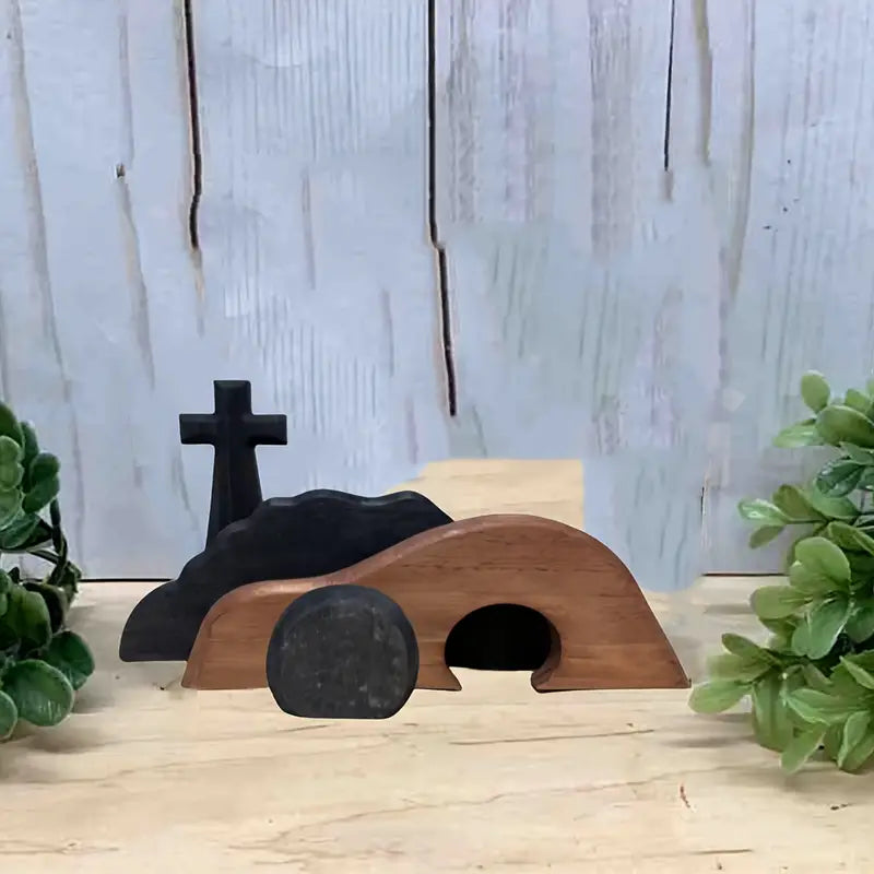NNETM Handcrafted Wooden Cross Empty Tomb Easter Statue Set - Maple an ...