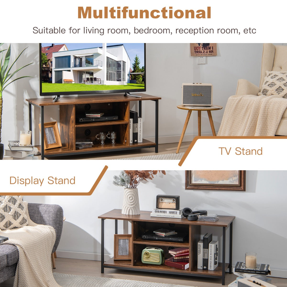 NNECW Retro Entertainment Center with Adjustable Shelf and 2 Cable Man ...