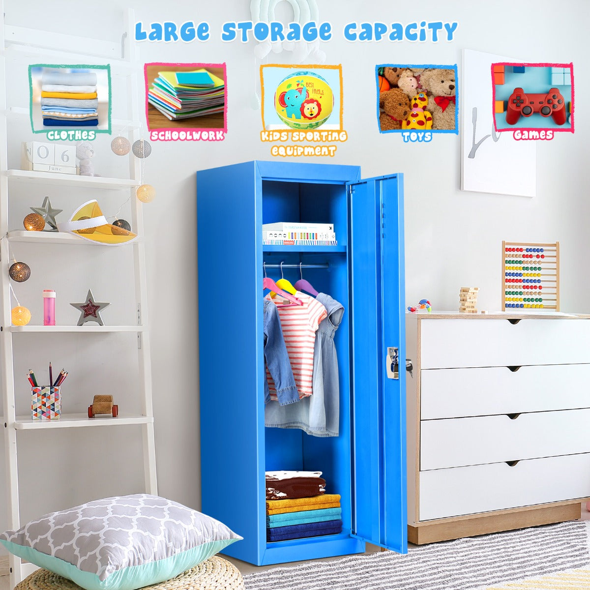 NNECW 122cm Metal Storage Locker for Kids with Hanging Rod and Shelf ...