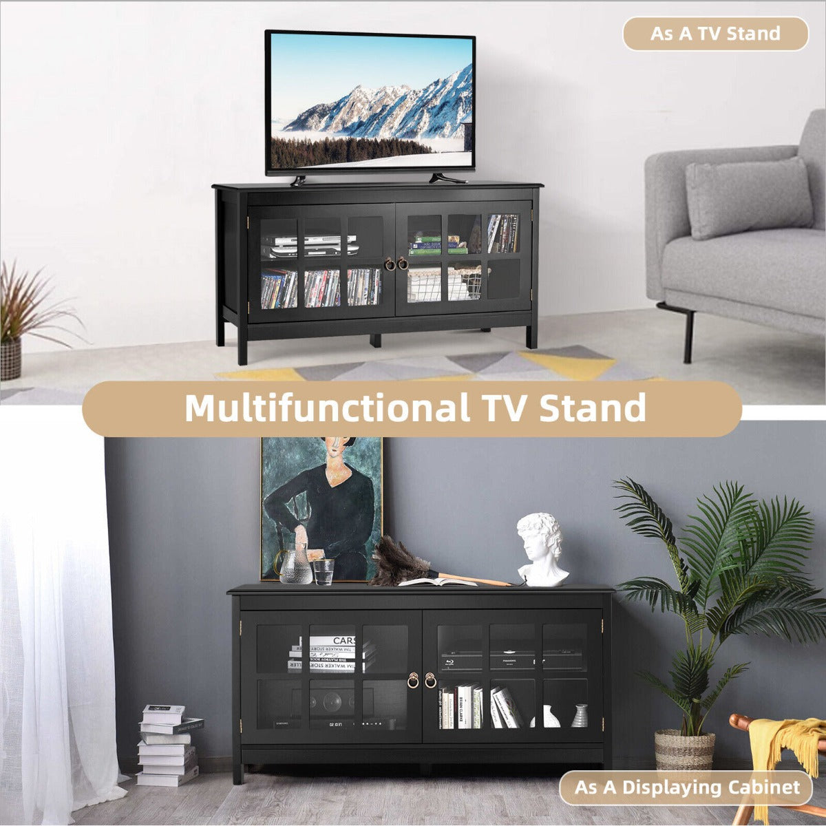 NNECW Modern Wooden TV Stand with Tempered Glass Doors for TVs up to 5 ...