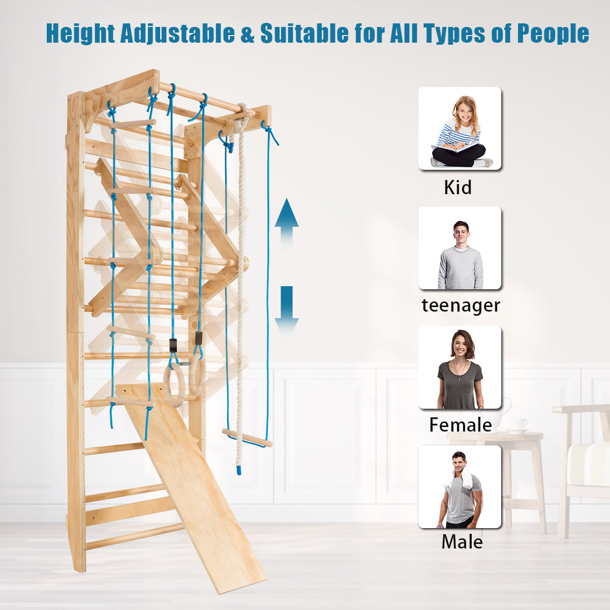 NNECW 2.2m Pull-Up Wall Bars with Rings & Swing & Slide for Children ...