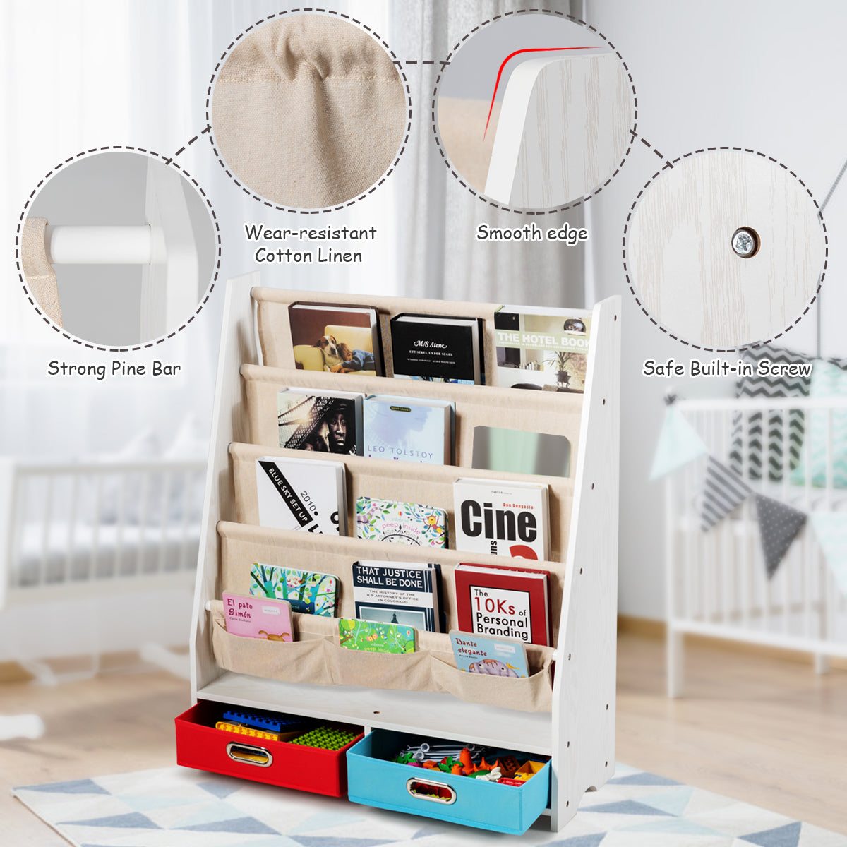 NNECW Wood Bookshelf with 2 Storage Boxes for Storing Books-Beige – NNE ...