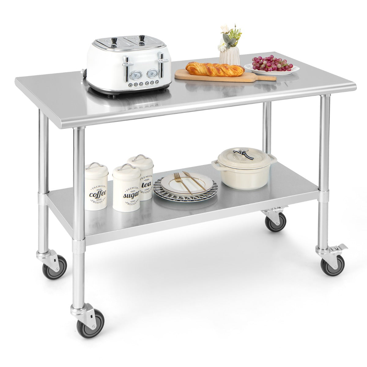 NNECW 122 x 61 cm Stainless Steel Table Cart with 4 Universal Wheels f ...