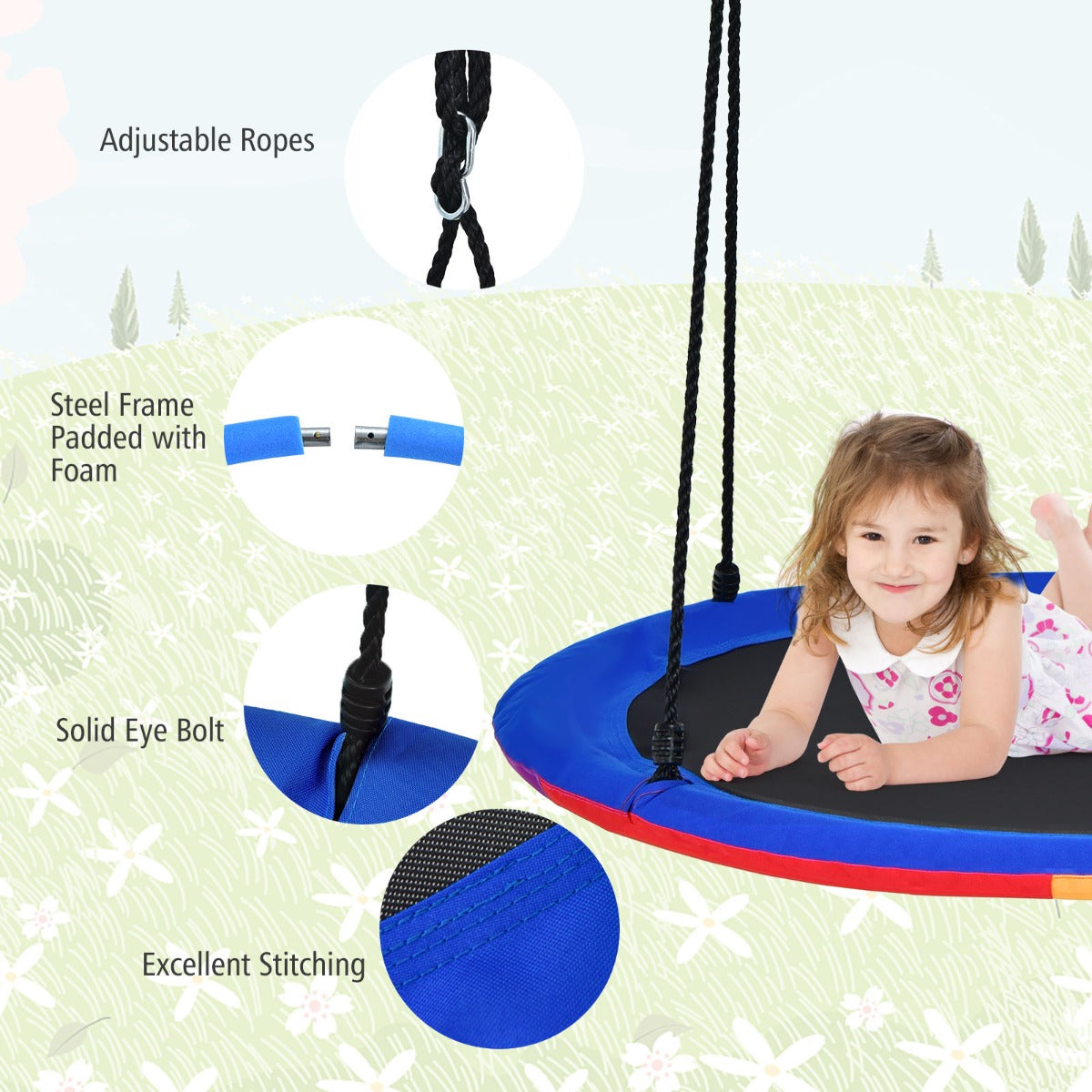 NNECW Blue Flying Saucer Tree Swing with Foam-Padded Galvanized Tube f ...