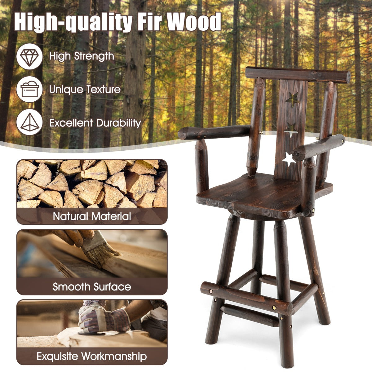 NNECW 360-degree Solid Fir Wood Swivel Bar Stool Chair for Dining Room ...