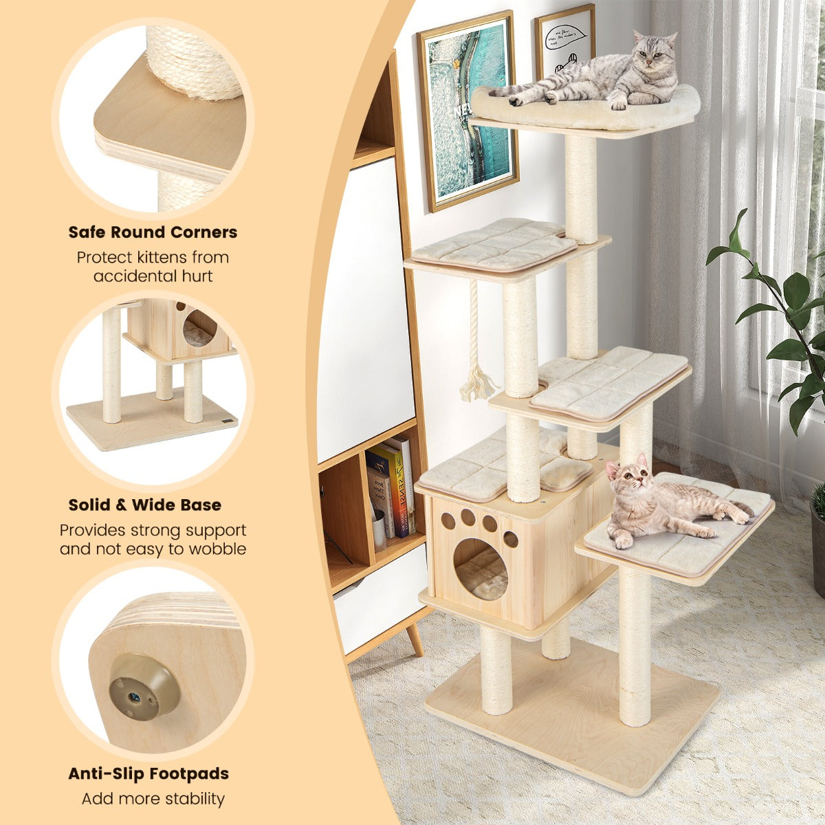 NNECW Modern Wooden Cat Tower with Scratching Posts Washable Cushion ...