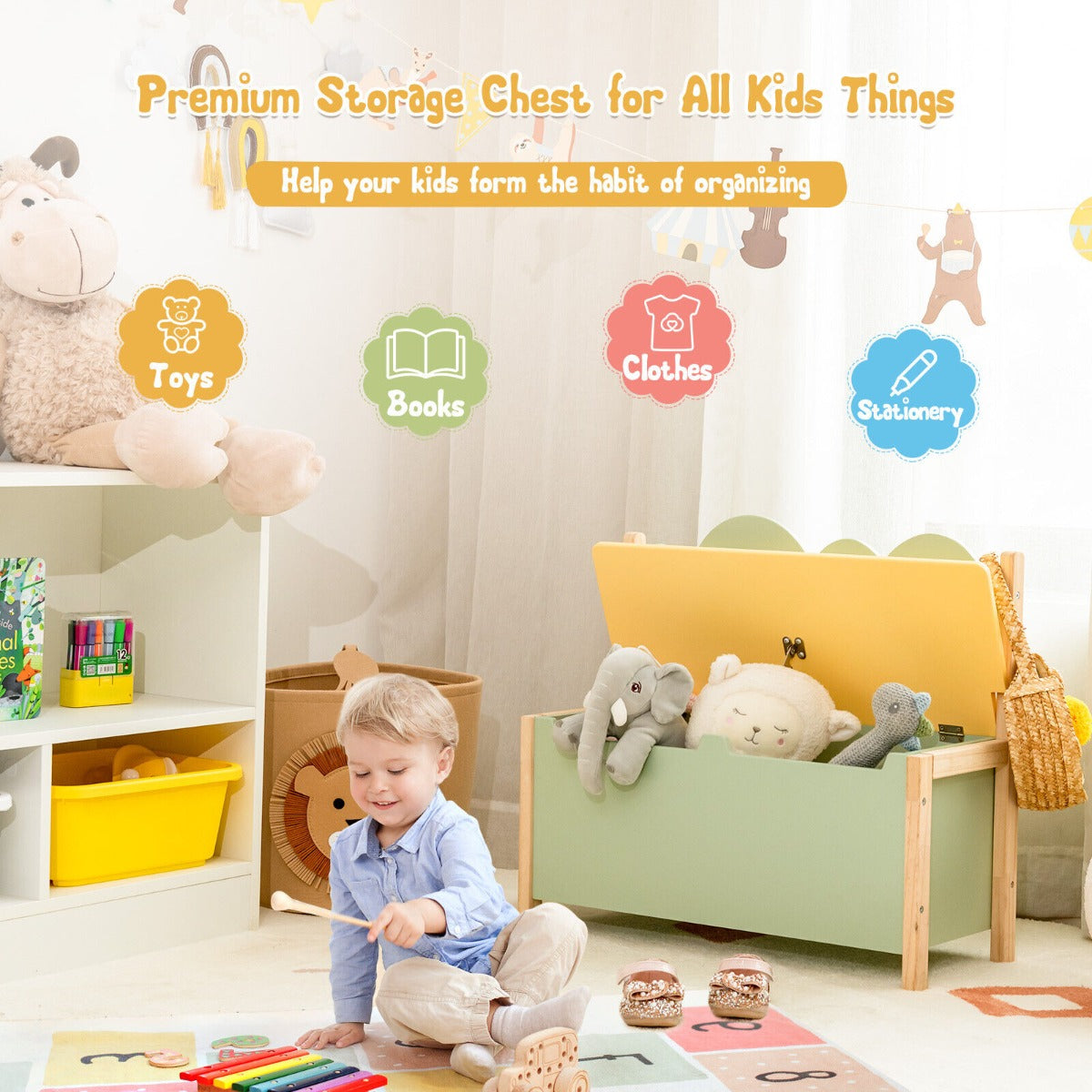 NNECW 2-in-1 Kids Toy Box with Safety Hinged Lid for Playroom Bedroom ...