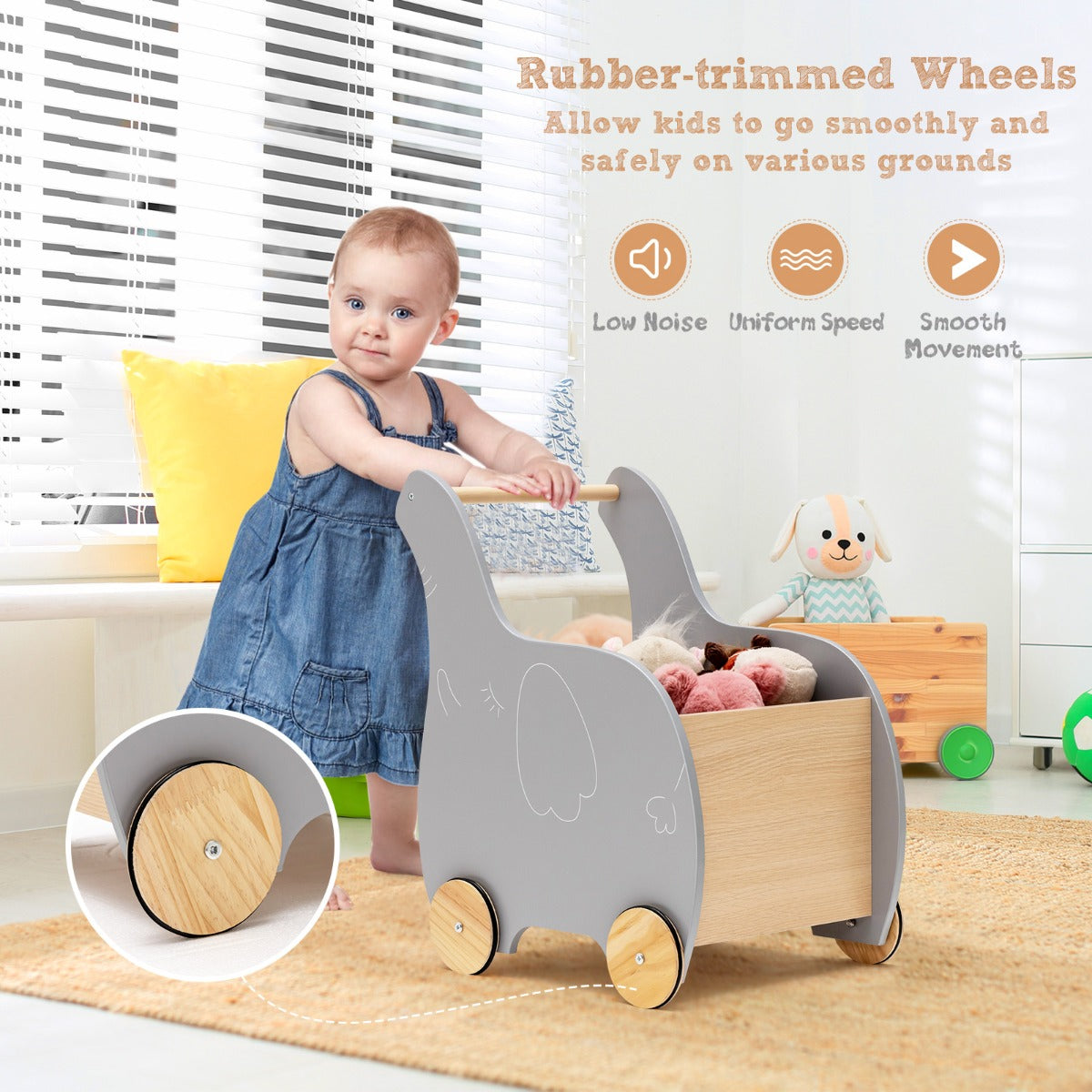 NNECW Kids Wooden Grocery Shopping Cart with Rubber Wheels for Over 3 ...