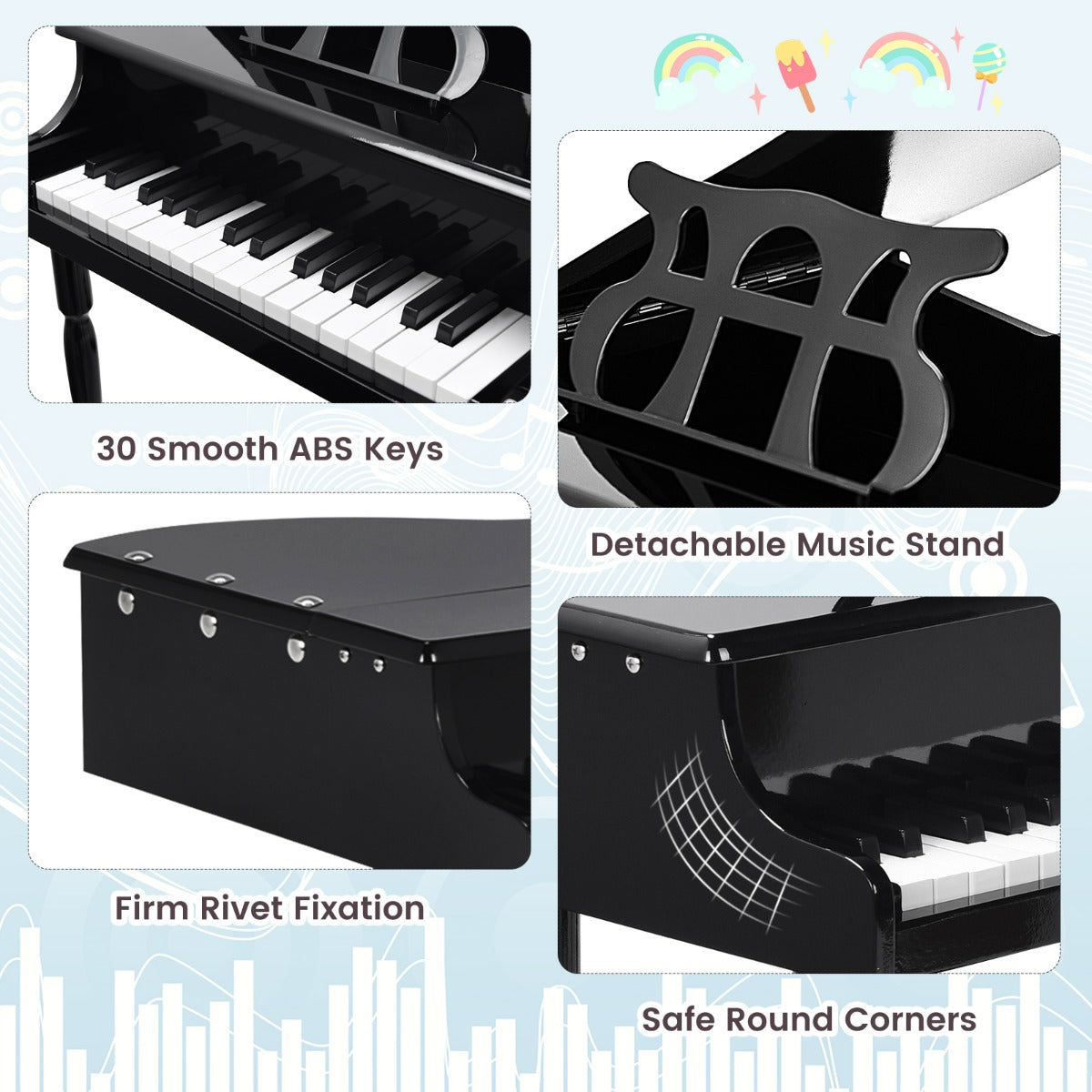 NNECW 30 Keys Piano Keyboard Toy with Sheet Music Stand for Kids-Black ...